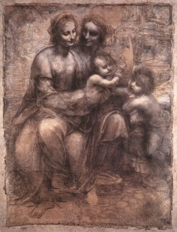 Santa Ana con María, o neno de Cristo e Xoán Bautista Leonardo da Vinci