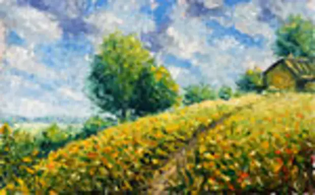 Paesaggio rurale (rurale), Paesaggio estivo. Pittura a olio e spatola: