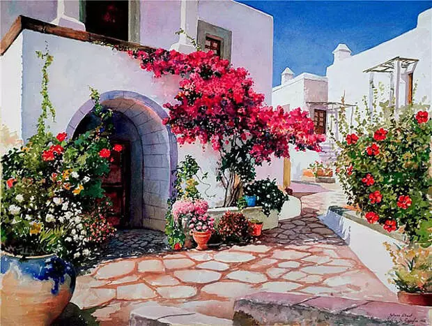 Mga pintura sa watercolor sa Greece.