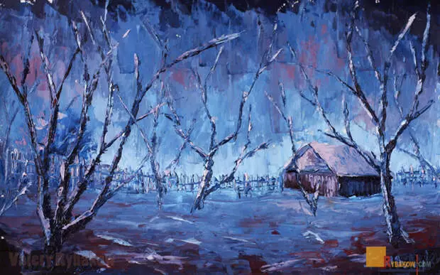 NIEUW Schilderij met olieverf en paletmes: "Winter". Kunstenaar Rybakov. Verkoop van het schilderij.