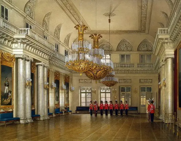 Les intérieurs du Palais d'Hiver et de l'Ermitage à l'aquarelle d'E.P. Hau.