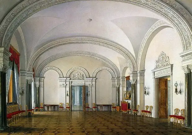 Les intérieurs du Palais d'Hiver et de l'Ermitage à l'aquarelle d'E.P. Hau.