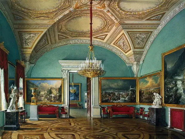 Ime ime ụlọ nke Winter Palace na Hermitage na watercolor nke EP Hau dere.