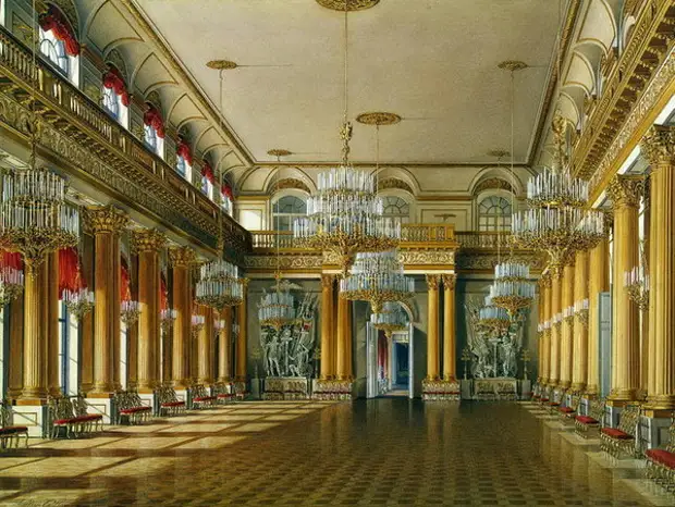 D'Interieuren vum Wanterpalais an der Eremitage a Aquarelle vum E.P. Hau.