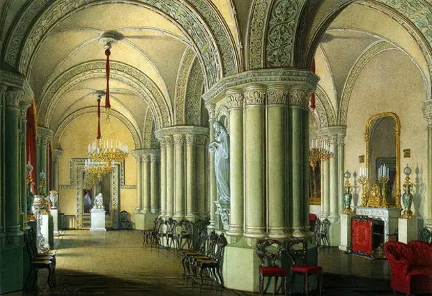 D'Interieuren vum Wanterpalais an der Eremitage a Aquarelle vum E.P. Hau.