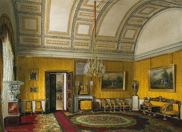 D'Interieuren vum Wanterpalais an der Eremitage a Aquarelle vum E.P. Hau.