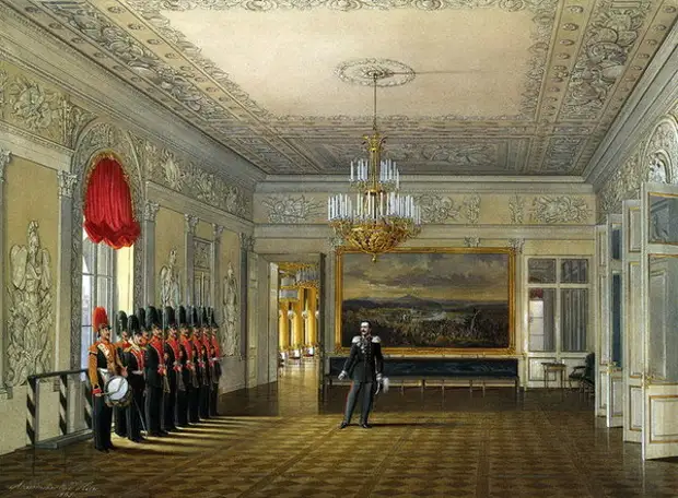 Les intérieurs du Palais d'Hiver et de l'Ermitage à l'aquarelle d'E.P. Hau.