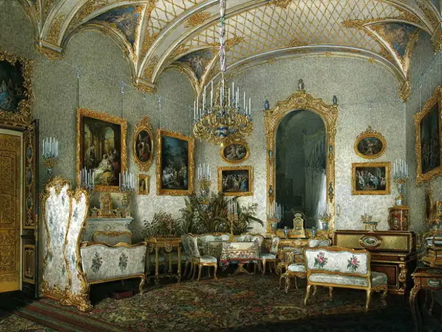 D'Interieuren vum Wanterpalais an der Eremitage a Aquarelle vum E.P. Hau.