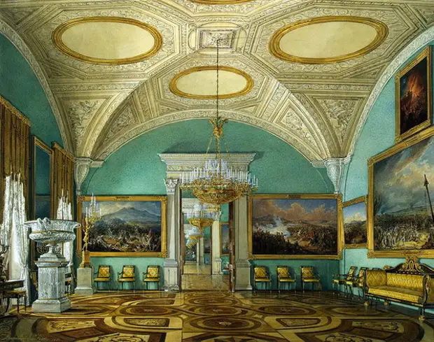 Ime ime ụlọ nke Winter Palace na Hermitage na watercolor nke EP Hau dere.