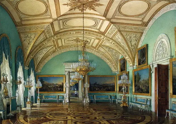 Ime ime ụlọ nke Winter Palace na Hermitage na watercolor nke EP Hau dere.