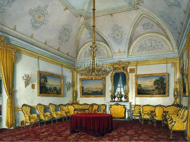 Les intérieurs du Palais d'Hiver et de l'Ermitage à l'aquarelle d'E.P. Hau.