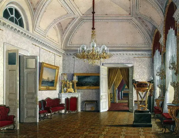 Ime ime ụlọ nke Winter Palace na Hermitage na watercolor nke EP Hau dere.