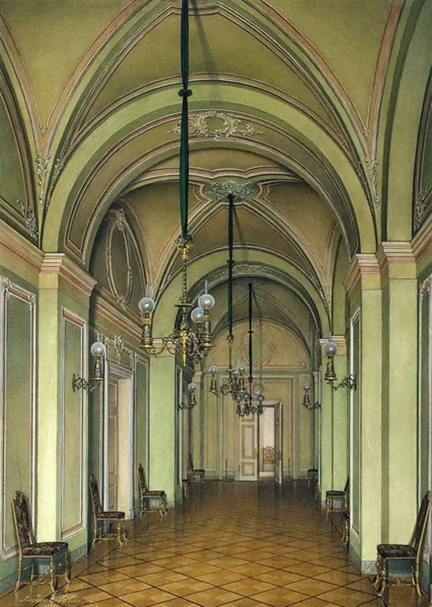 D'Interieuren vum Wanterpalais an der Eremitage a Aquarelle vum E.P. Hau.