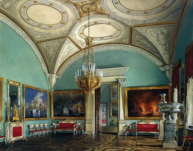 Ime ime ụlọ nke Winter Palace na Hermitage na watercolor nke EP Hau dere.