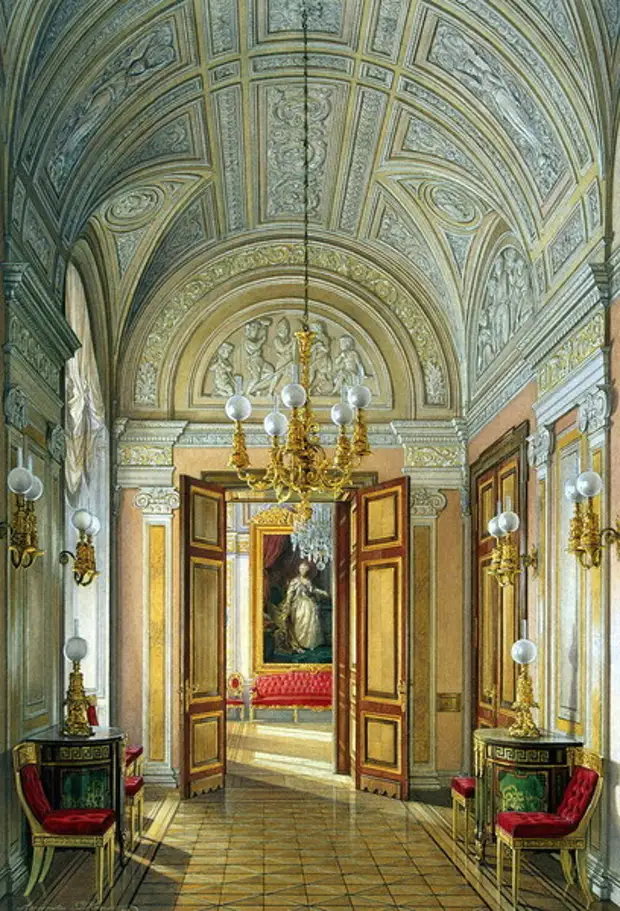 D'Interieuren vum Wanterpalais an der Eremitage a Aquarelle vum E.P. Hau.