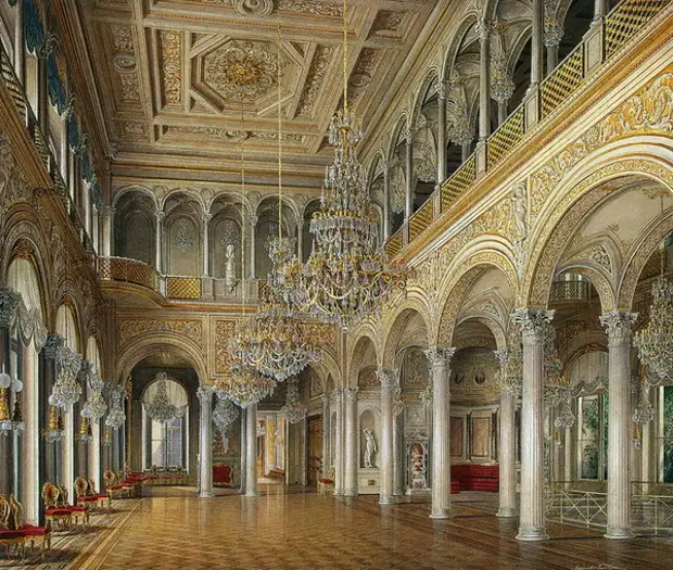 D'Interieuren vum Wanterpalais an der Eremitage a Aquarelle vum E.P. Hau.