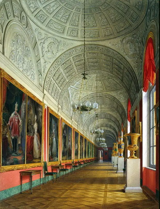 Ime ime ụlọ nke Winter Palace na Hermitage na watercolor nke EP Hau dere.