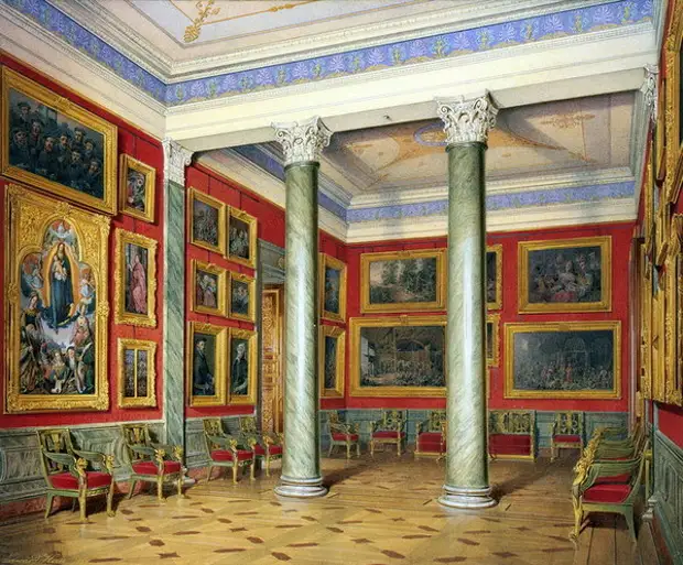 Les intérieurs du Palais d'Hiver et de l'Ermitage à l'aquarelle d'E.P. Hau.