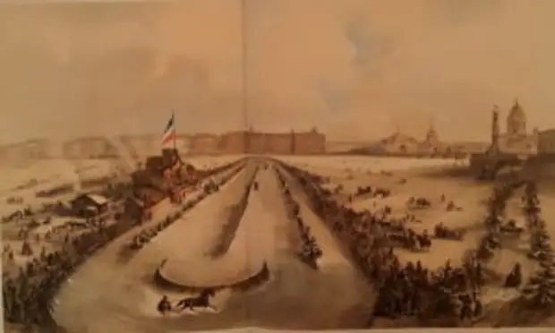 Winter horse races on the Neva. Colored engraving based on a drawing by I.I. Charlemagne