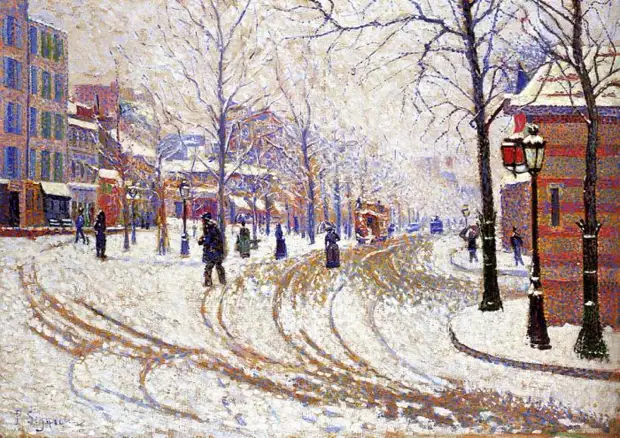 Snow, Boulevard Clichy, Paris, 1886. Onkọwe: Paul Signac.