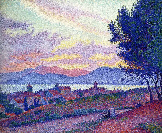 Saint-Tropez, matahari terbenam di hutan pinus, 1896. Penulis: Paul Signac.