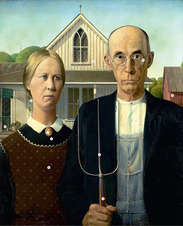 Amgryptiwyd 12 nod mewn llun gan Grant Wood