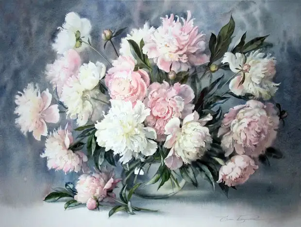 Aquarellen van de kunstenaar Bazanova Elena. Hoe de bloemen bloeien