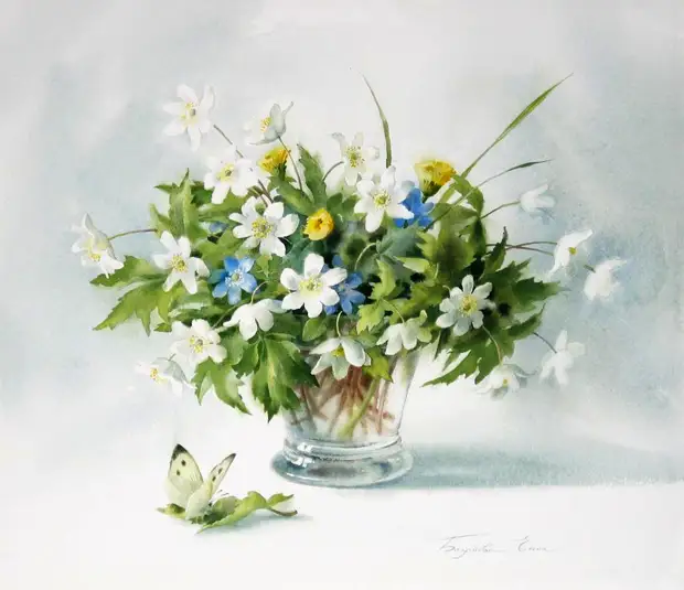 Aquarellen van de kunstenaar Bazanova Elena. Hoe de bloemen bloeien