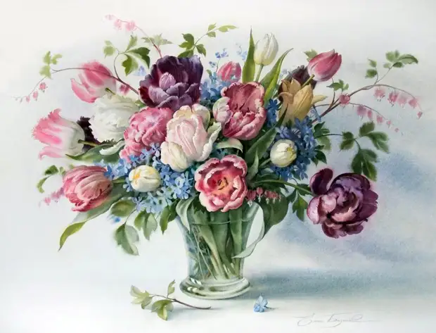 Aquarellen van de kunstenaar Bazanova Elena. Hoe de bloemen bloeien