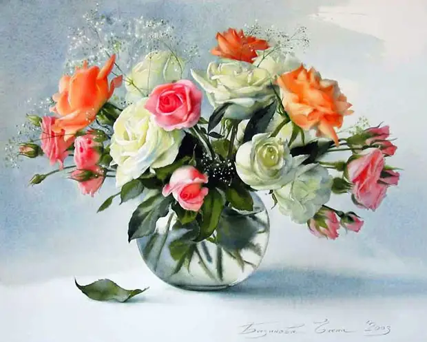 Aquarellen van de kunstenaar Bazanova Elena. Hoe de bloemen bloeien