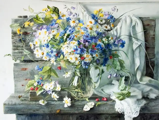 Aquarellen van de kunstenaar Bazanova Elena. Hoe de bloemen bloeien