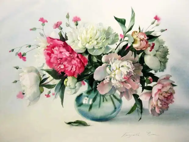 Aquarellen van de kunstenaar Bazanova Elena. Hoe de bloemen bloeien