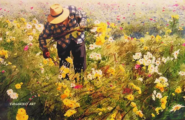 Og på hvert torg er det lyse blomster ... Kunstner fra Peru Guzman Emilio Huanca Yanariko