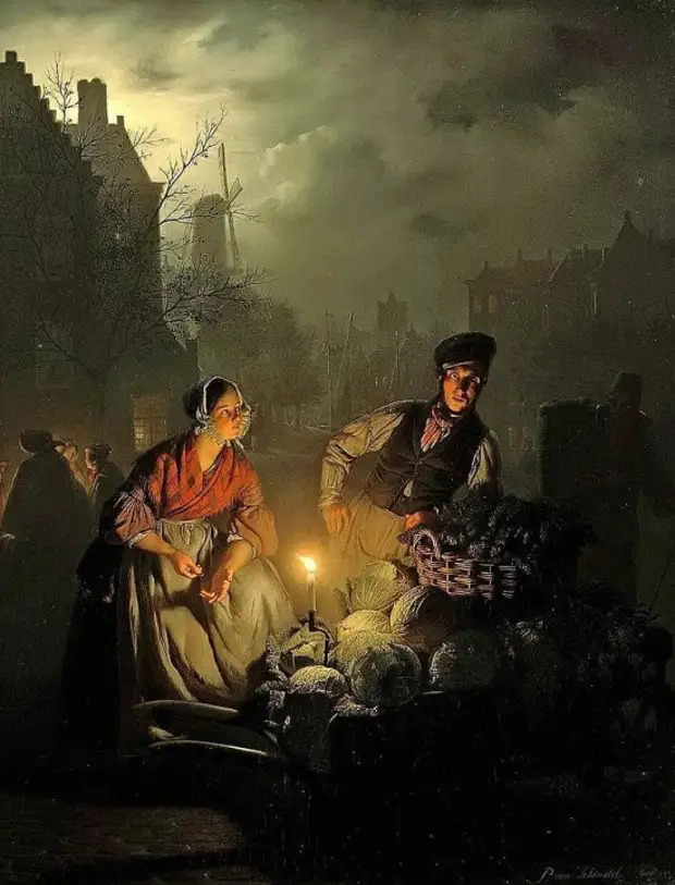 Umuhanzi Petrus van Schendel (1806 - 1870). Mugihe buji yaka