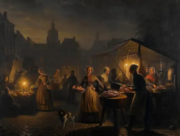 វិចិត្រករ Petrus van Schendel (១៨០៦ - ១៨៧០) ។ ខណៈពេលដែលទៀនកំពុងឆេះ