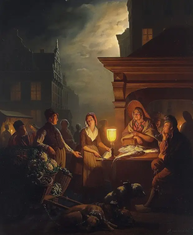 Artist Petrus van Schendel (1806 - 1870). Tra bod y gannwyll yn llosgi