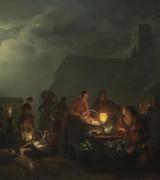 វិចិត្រករ Petrus van Schendel (១៨០៦ - ១៨៧០) ។ ខណៈពេលដែលទៀនកំពុងឆេះ