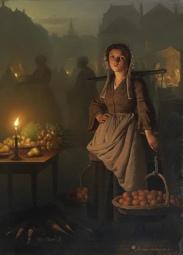 Artist Petrus van Schendel (1806 - 1870). Tra bod y gannwyll yn llosgi