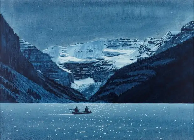 Hommes dans un canot, Lake Louise. Auteur : Tim Gardner.