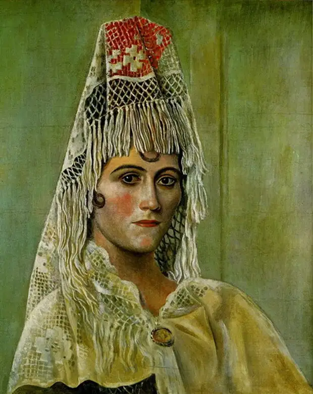 Olga Khokhlova yn har mantilla, 1917. Skilder: Pablo Picasso