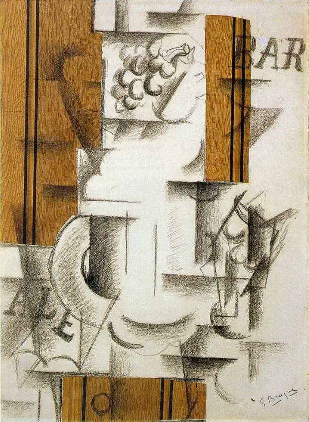 Efere efere mkpụrụ osisi na iko. 1913 Georges Braque