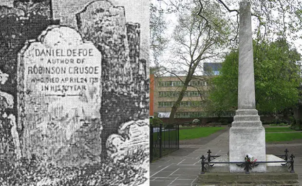 tombstone ເກົ່າຂອງ Daniel Defoe ແລະ monument ທີ່ທັນສະໄຫມກັບຜູ້ຂຽນ.