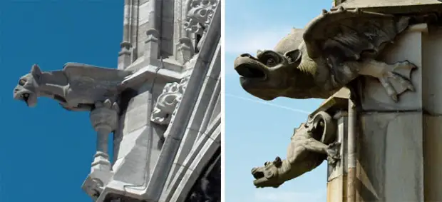 Gargoyles di kuil Sint-Petrus-en-Pauluskerk di Ostend, Bélgia (kénca) sareng Katedral Ulm, Jérman (katuhu).