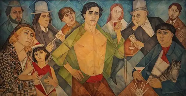 Marevna. Triptych * Dedication to friends of Montparnasse *, 1962. Part one. From left to right: D. Rivera, Marevna with her daughter Marika, I. Ehrenburg, H. Soutine, A. Modigliani, J. Hébuterne, M. Jacob, M. Kisling, L. Zborovski