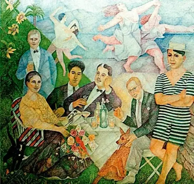 Marevna. Triptych * U hibeynta saaxiibada Montparnasse *, 1962. Qeybta saddexaad. Bidix ilaa midig: N. Goncharova, M. Larionov, J. Cocteau, S. Diaghilev, I. Stravinsky, P. Picasso