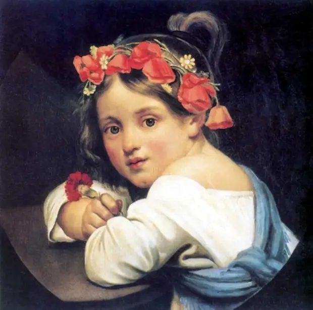 Orest Kiprensky. Neska mitxoleta koroan eskuan krabelinarekin, 1819