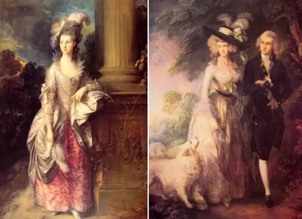 Thomas Gainsborough. Maldekstre - Portreto de S-ino Graham, 1777. Dekstre - Matena promenado, ĉ. 1785