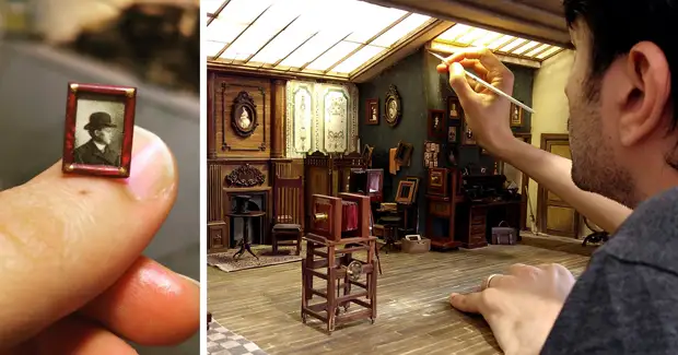 The artist has recreated a photographic studio of the 1900s in miniature format