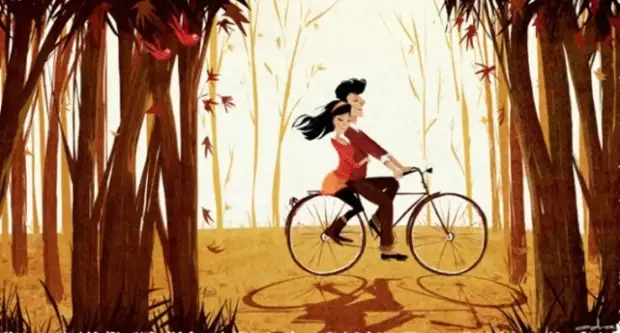 Radfahren durch den Wald. Illustration von Eda Kaban.