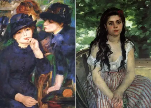 Auguste Renoir. Kairėje - * Merginos juodos spalvos *, 1880-1882 m. Dešinėje - * Vasara * ( * Čigonų mergina *), 1868 m